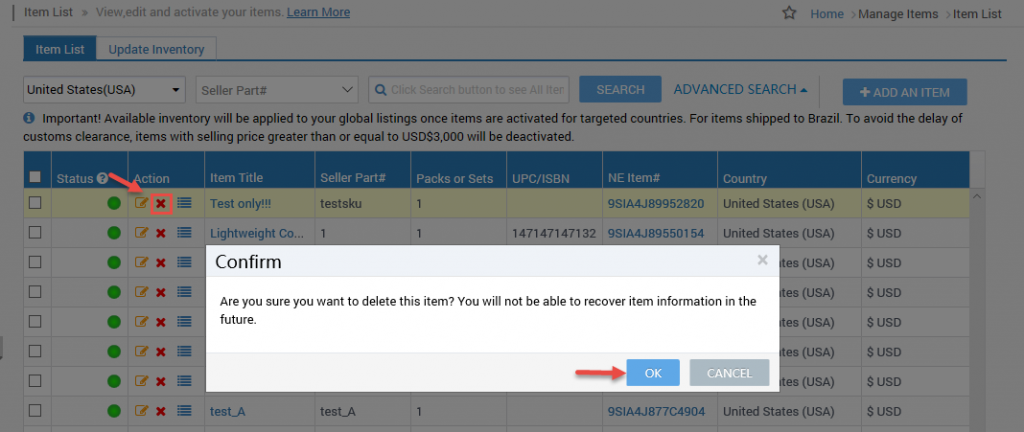 Delete Items - Newegg Marketplace Seller Academy